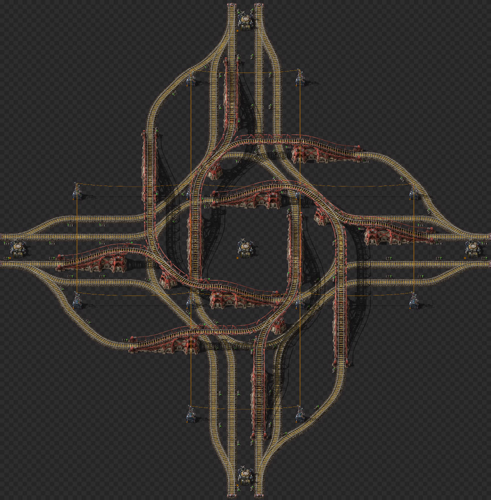 Two lane four way elevated LHT Celtic Knot intersection with turnarounds v2 - FactorioBin