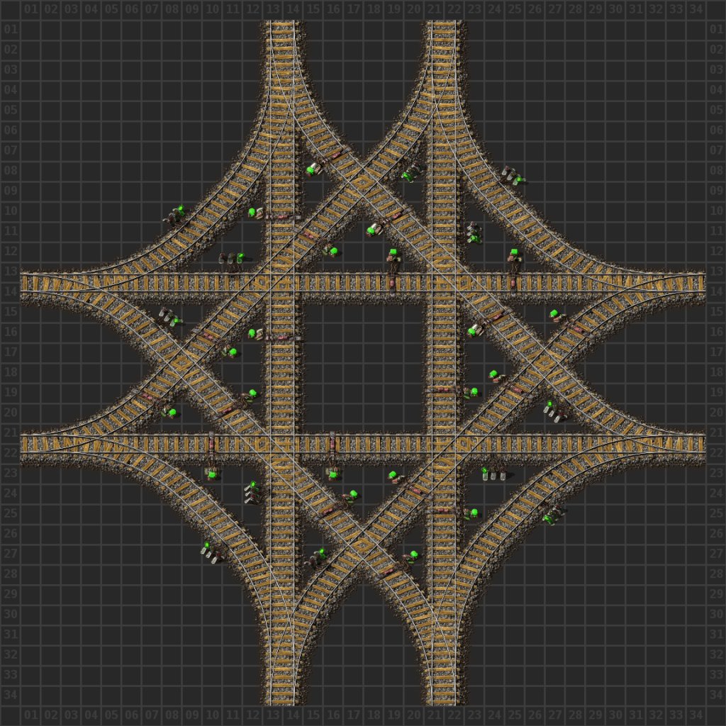 Snapping rails with roboports - 4-way intersection - FactorioBin